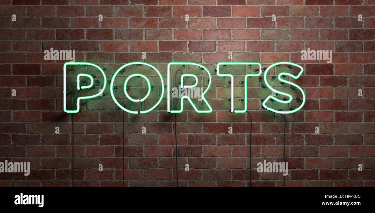 PORTS - fluorescent Neon tube Sign on brickwork - Front view - 3D ...