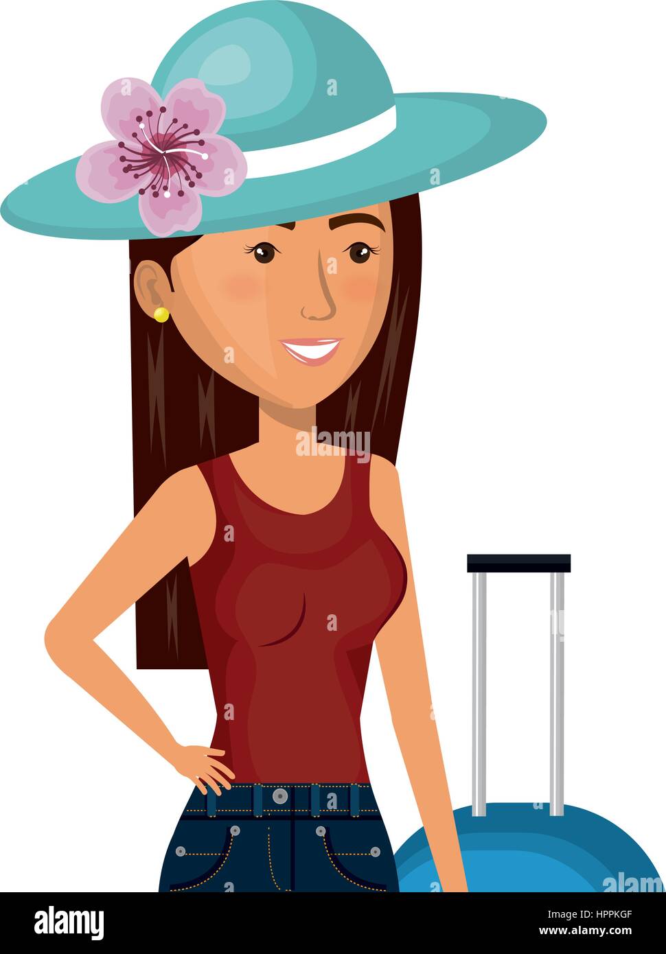 half body cartoon woman with travel briefcase and hat lace Stock Vector ...