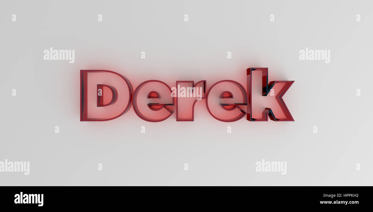 Derek - Red glass text on white background - 3D rendered royalty free ...