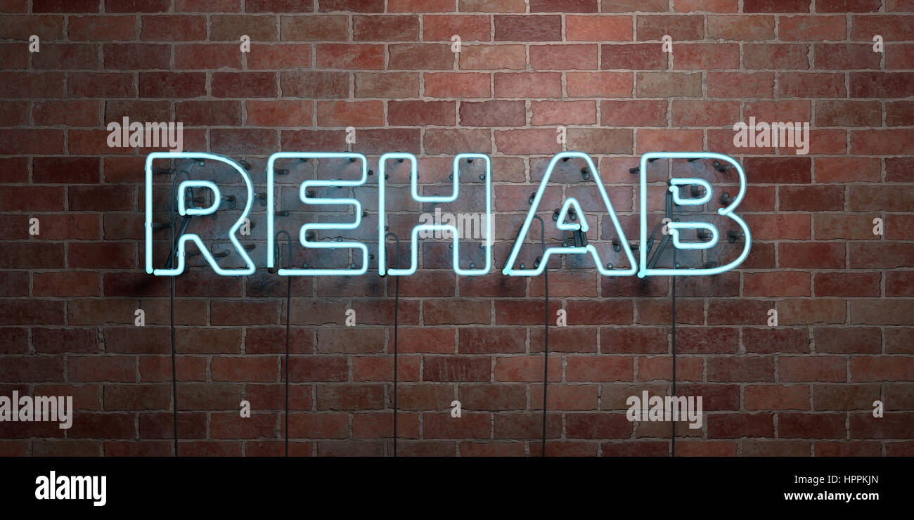 REHAB - fluorescent Neon tube Sign on brickwork - Front view - 3D ...