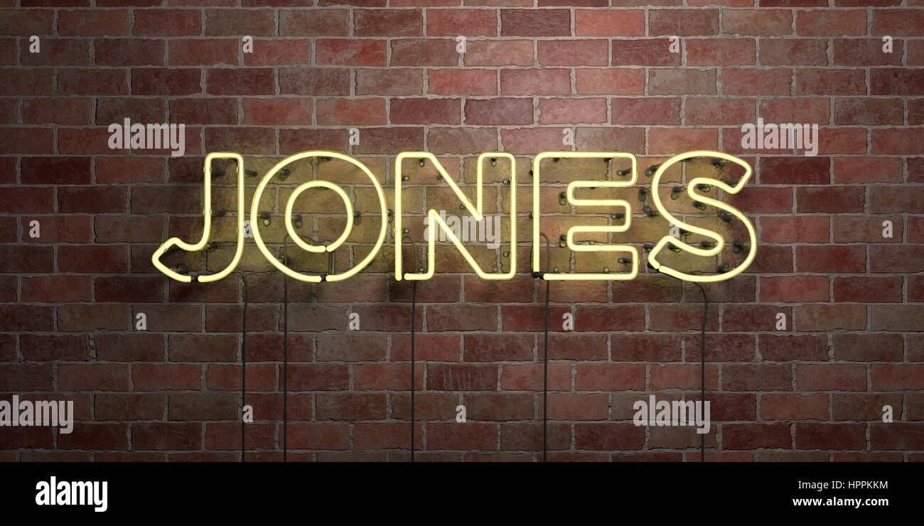 JONES - fluorescent Neon tube Sign on brickwork - Front view - 3D ...