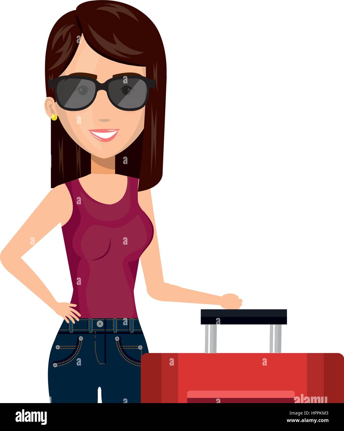 half body cartoon fashion woman with travel briefcases and glasses ...