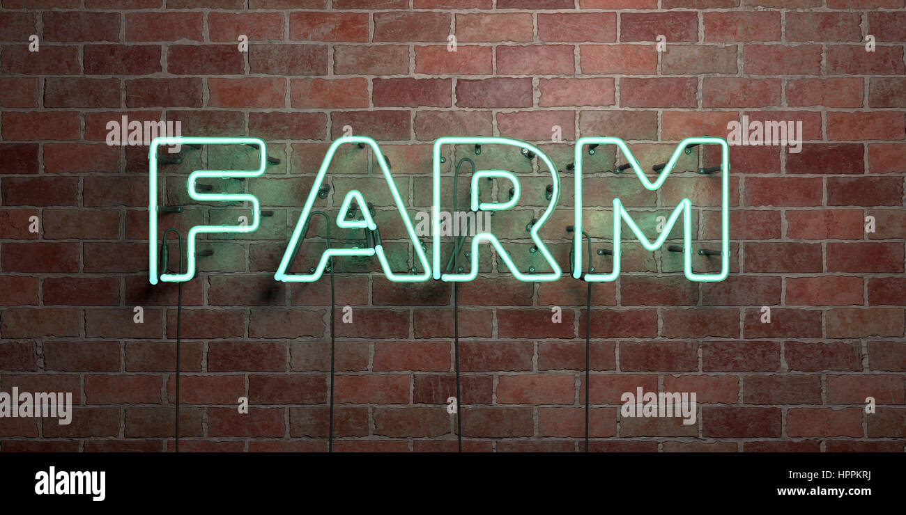 FARM - fluorescent Neon tube Sign on brickwork - Front view - 3D ...