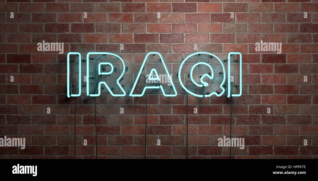 IRAQI - fluorescent Neon tube Sign on brickwork - Front view - 3D ...