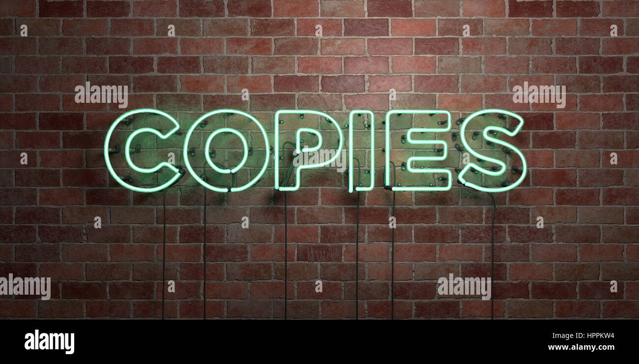 COPIES - fluorescent Neon tube Sign on brickwork - Front view - 3D ...