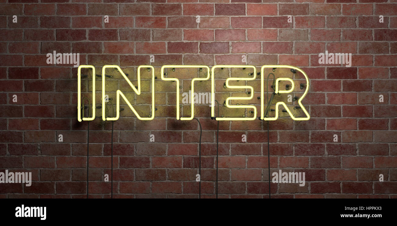 INTER - fluorescent Neon tube Sign on brickwork - Front view - 3D ...