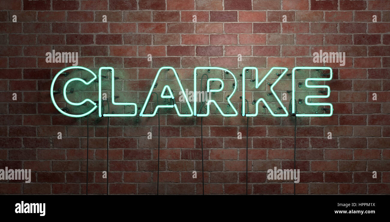 CLARKE - fluorescent Neon tube Sign on brickwork - Front view - 3D ...