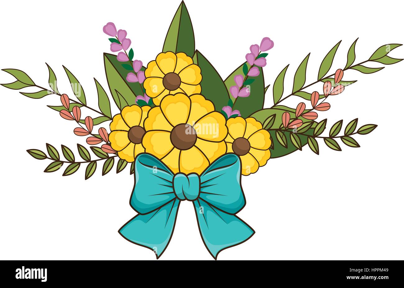 flowers bouquet floral design with leaves and blue ribbon tape Stock ...