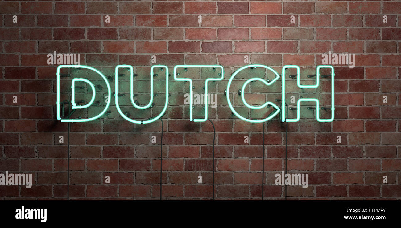 DUTCH - fluorescent Neon tube Sign on brickwork - Front view - 3D ...