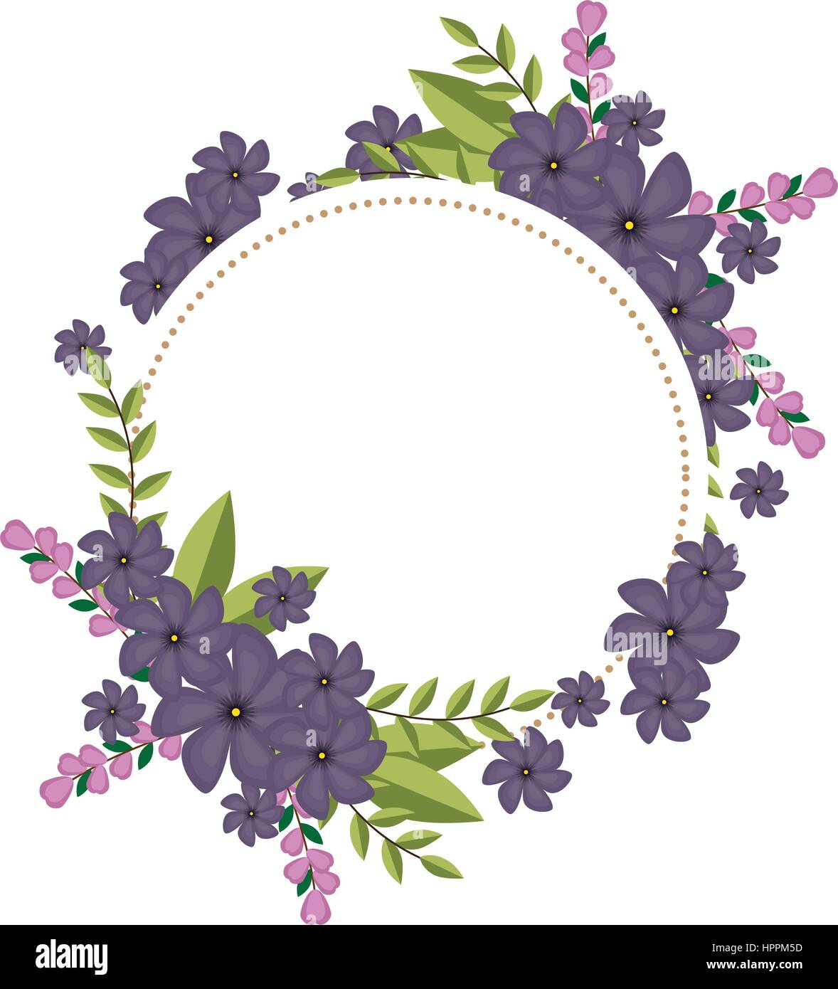 circular frame with violet floral bouquet and leaves Stock Vector Image ...