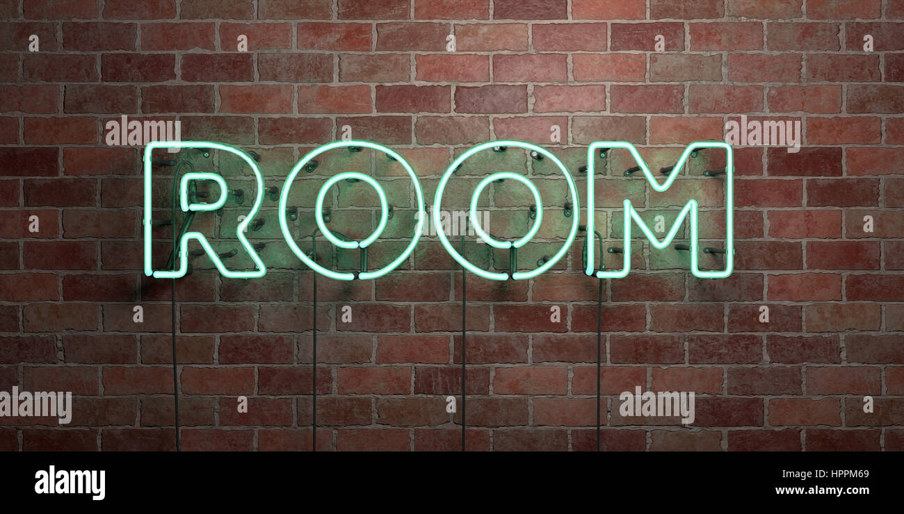 ROOM - fluorescent Neon tube Sign on brickwork - Front view - 3D ...