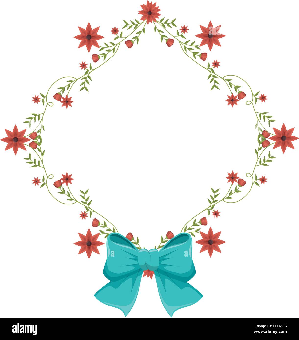 diamond frame with creepers and red flowers and blue ribbon Stock ...