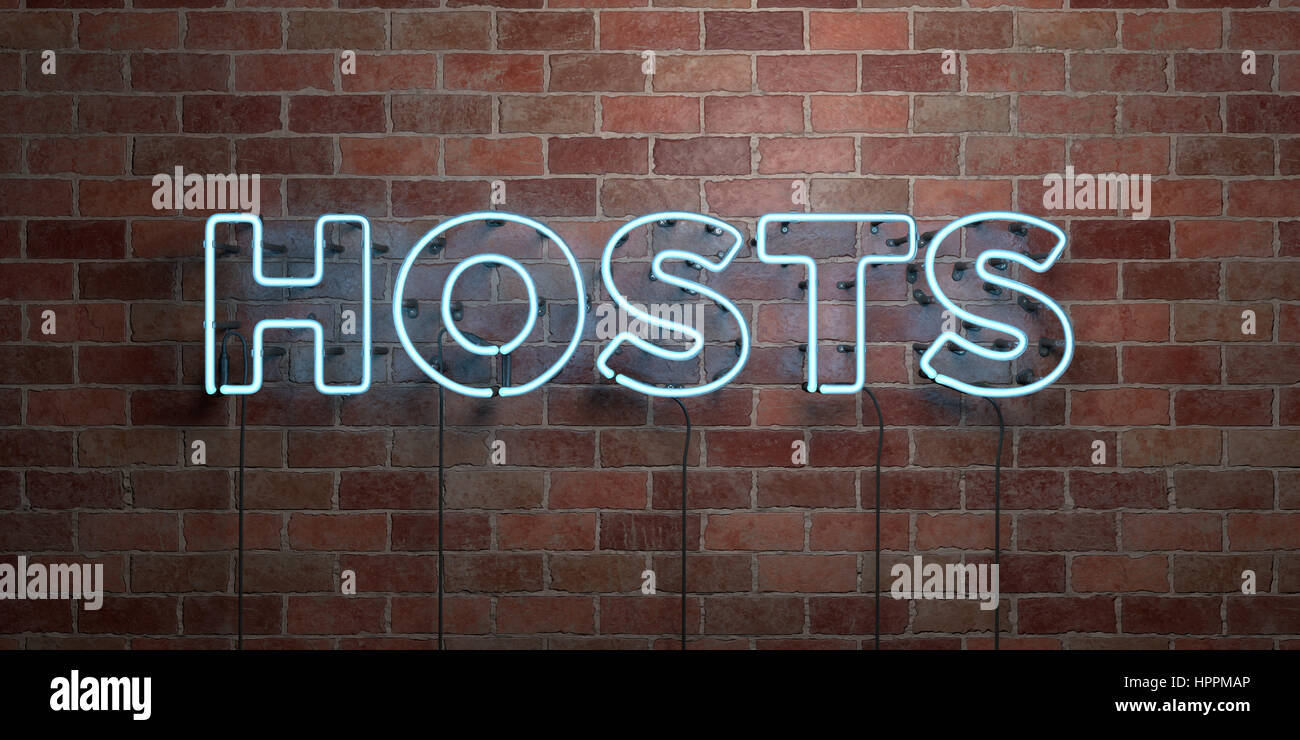 HOSTS - fluorescent Neon tube Sign on brickwork - Front view - 3D ...