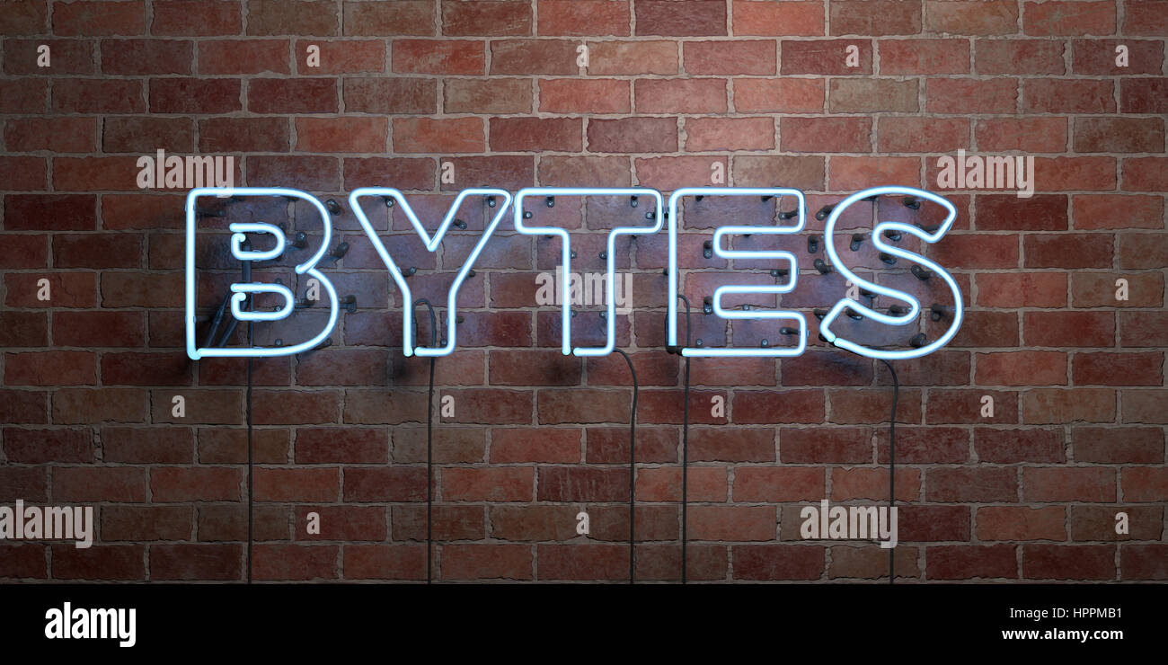 BYTES - fluorescent Neon tube Sign on brickwork - Front view - 3D ...