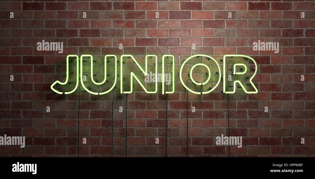 JUNIOR - fluorescent Neon tube Sign on brickwork - Front view - 3D ...