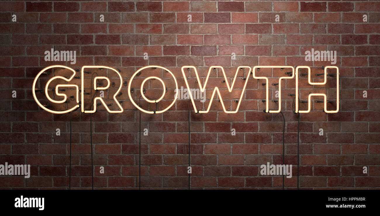 GROWTH - fluorescent Neon tube Sign on brickwork - Front view - 3D ...
