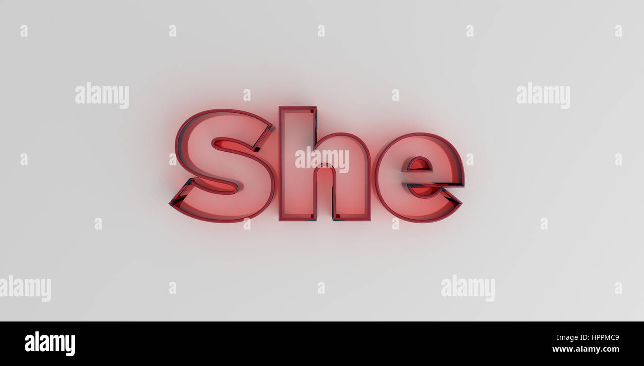 She - Red glass text on white background - 3D rendered royalty free ...
