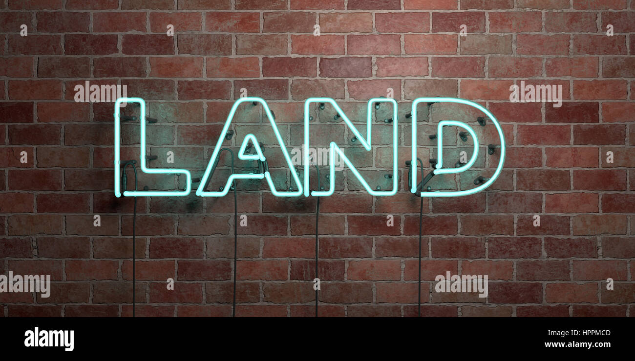 LAND - fluorescent Neon tube Sign on brickwork - Front view - 3D ...