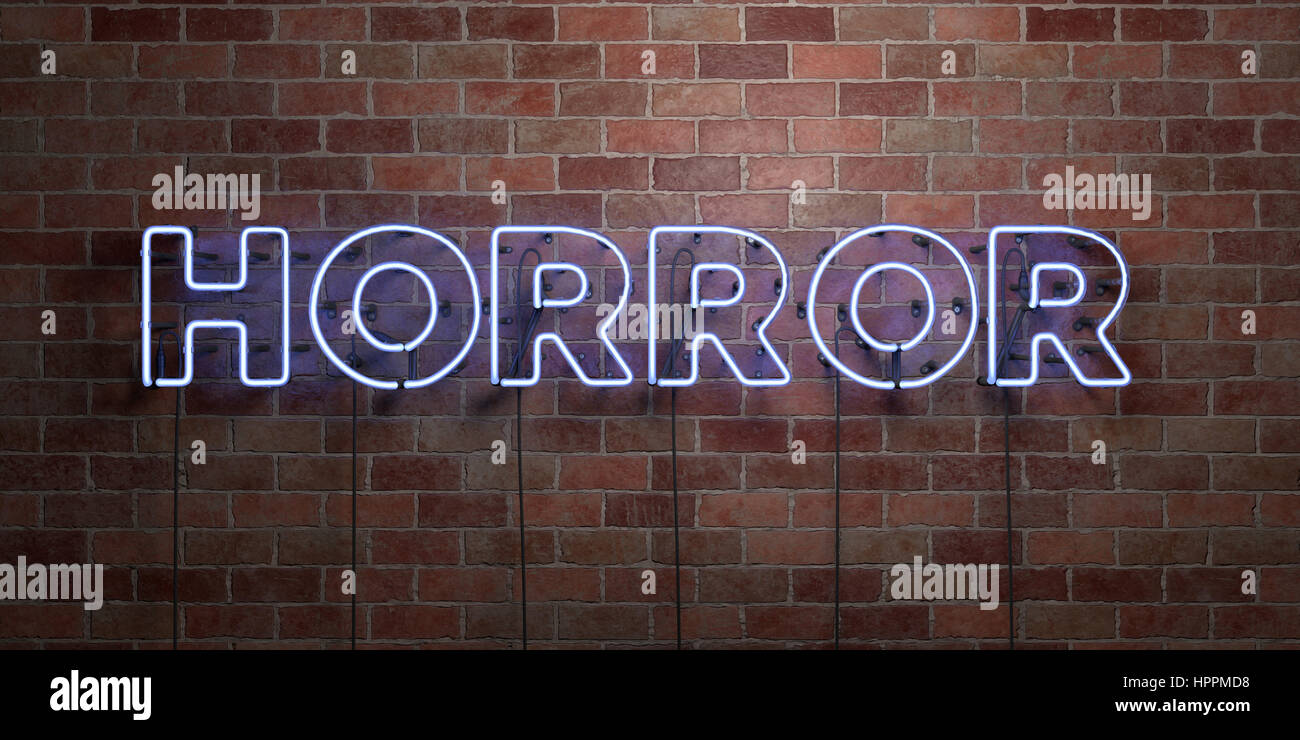 HORROR - fluorescent Neon tube Sign on brickwork - Front view - 3D ...
