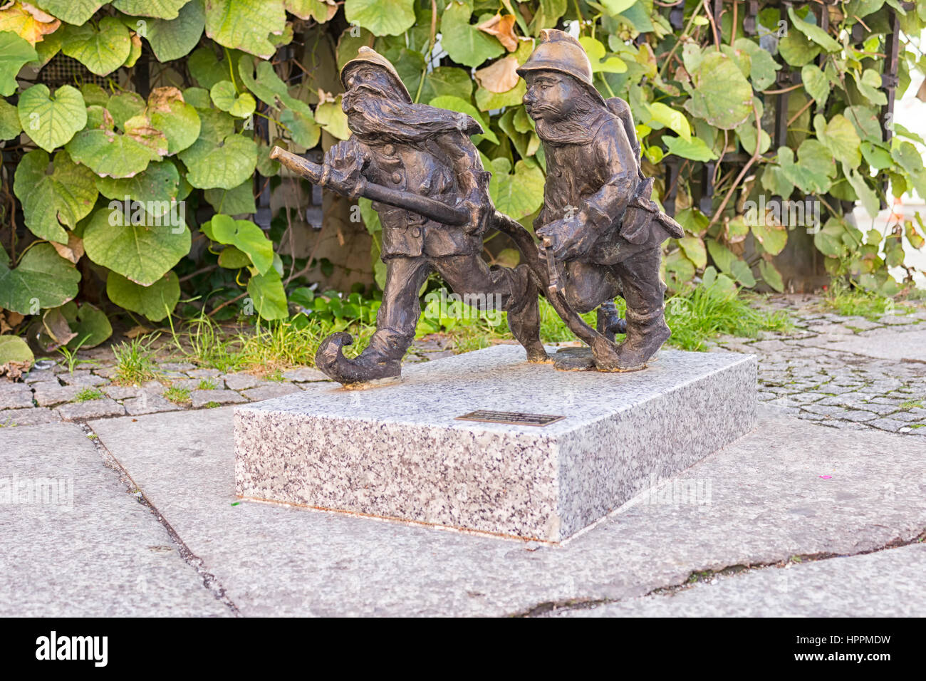 Dwarfs, krasnale, symbol of Wroclaw in Poland here as firefighters ...