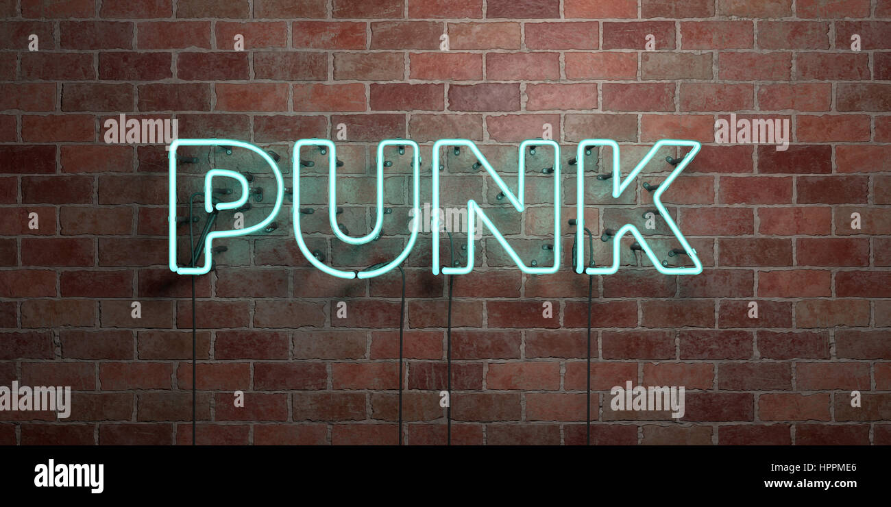 PUNK - fluorescent Neon tube Sign on brickwork - Front view - 3D ...