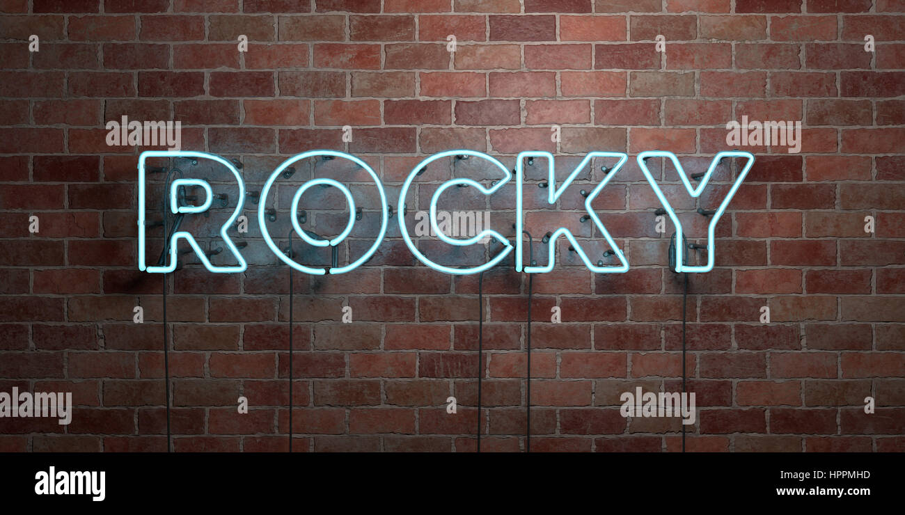 ROCKY - fluorescent Neon tube Sign on brickwork - Front view - 3D ...