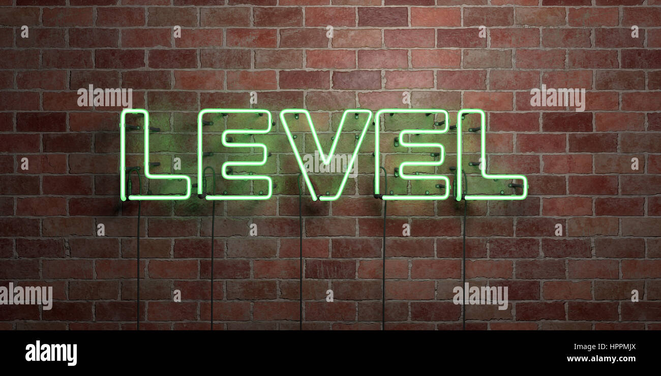 LEVEL - fluorescent Neon tube Sign on brickwork - Front view - 3D ...