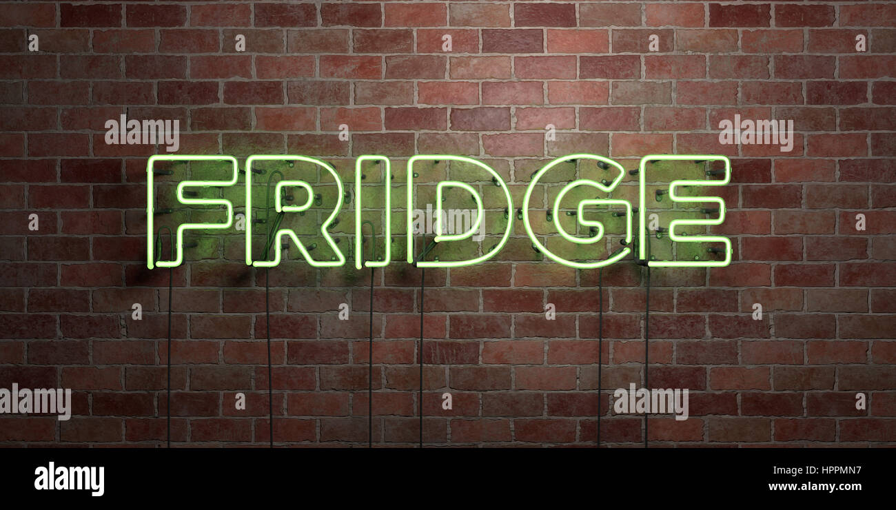 FRIDGE - fluorescent Neon tube Sign on brickwork - Front view - 3D ...