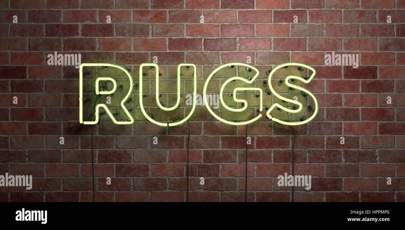 RUGS - fluorescent Neon tube Sign on brickwork - Front view - 3D ...