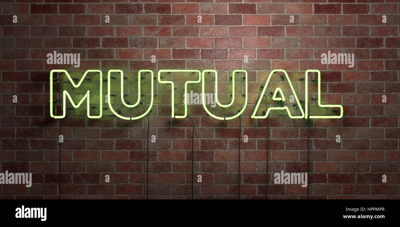 MUTUAL - fluorescent Neon tube Sign on brickwork - Front view - 3D ...