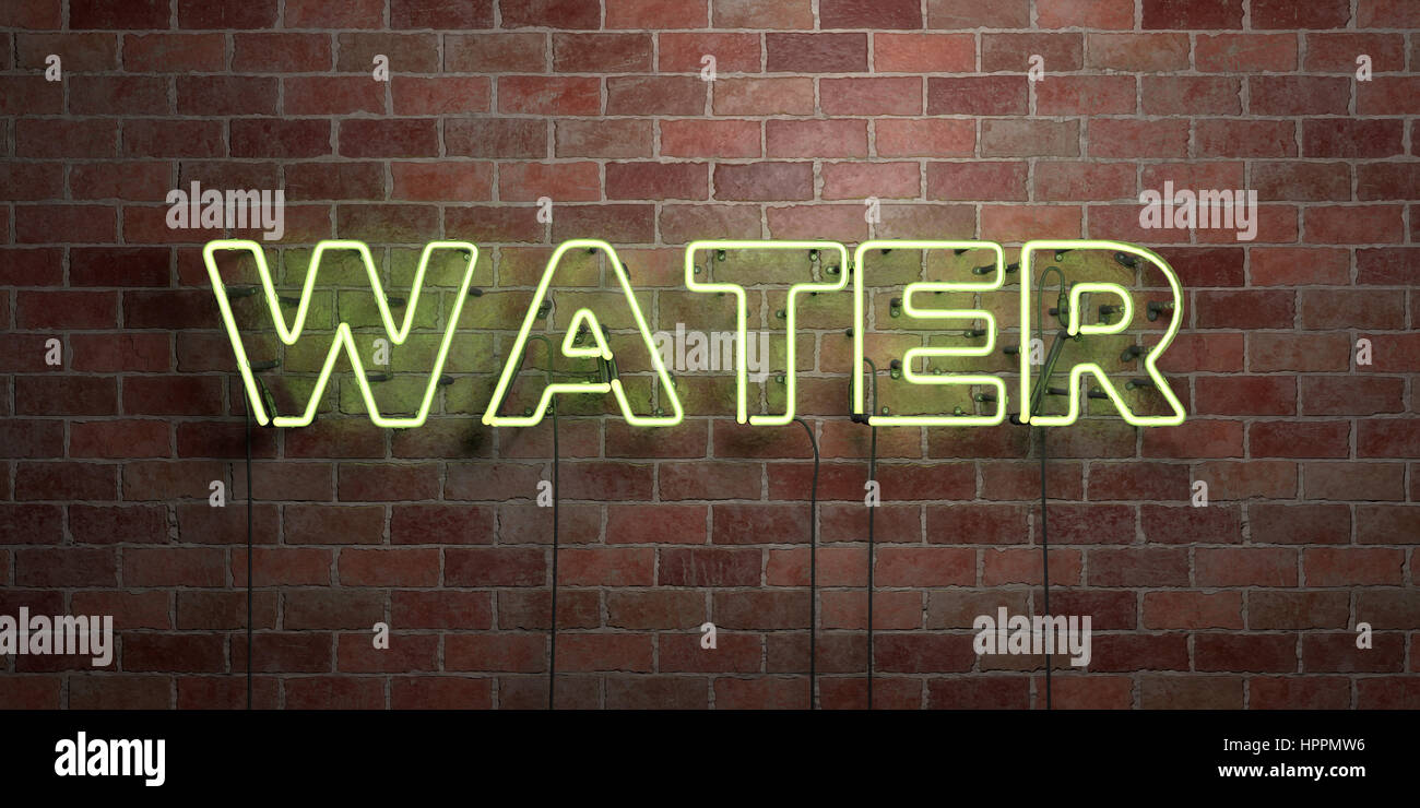 WATER - fluorescent Neon tube Sign on brickwork - Front view - 3D ...