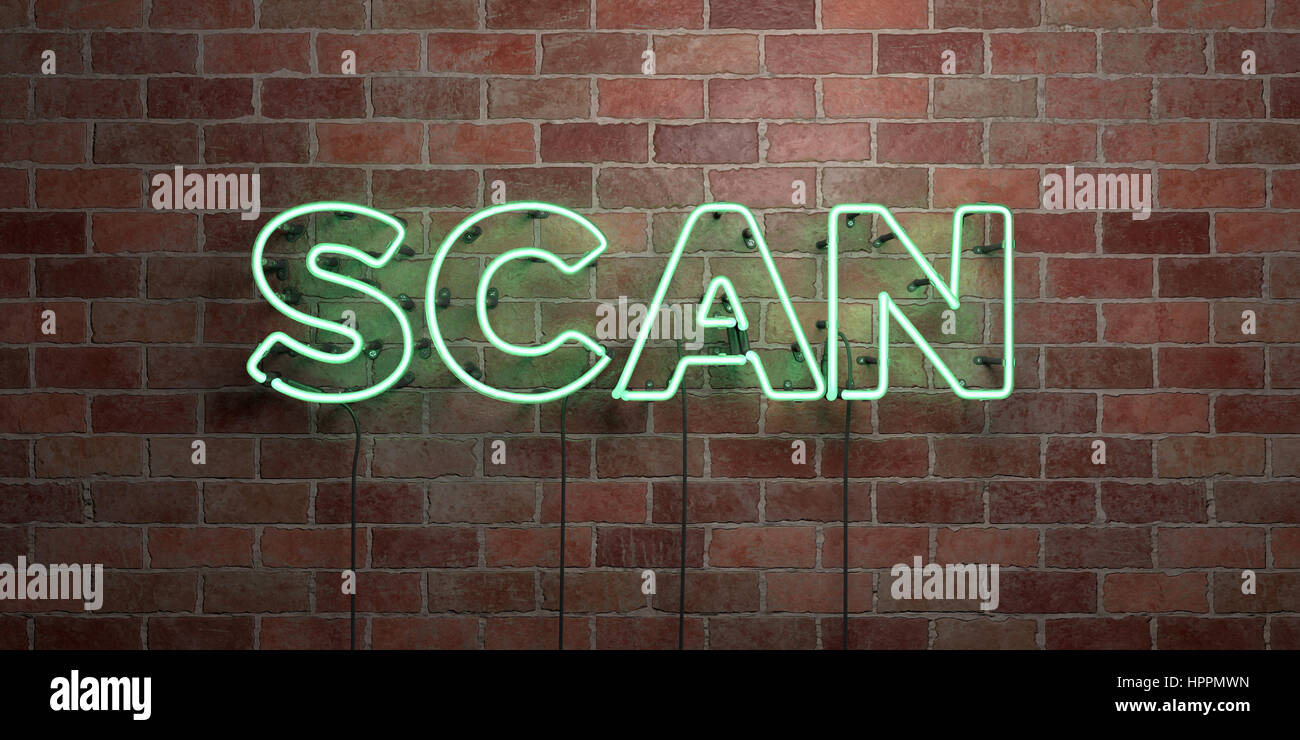 SCAN - fluorescent Neon tube Sign on brickwork - Front view - 3D ...