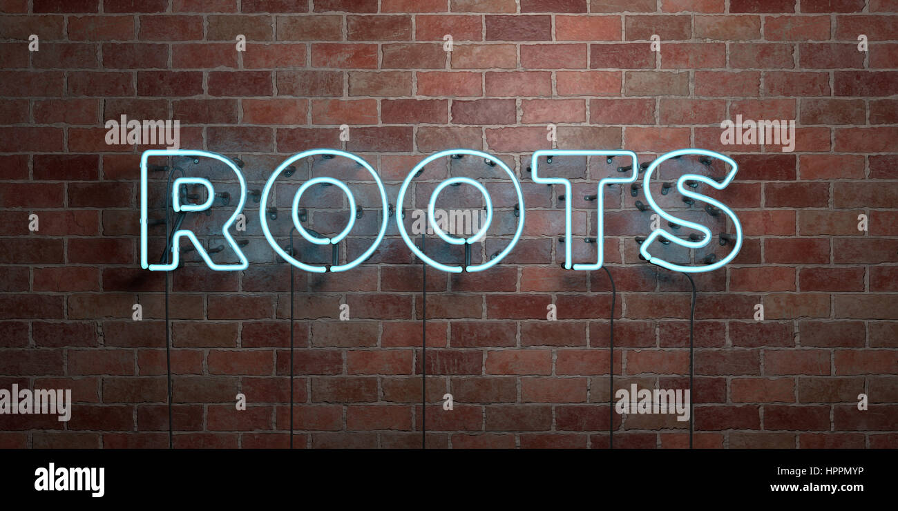 ROOTS - fluorescent Neon tube Sign on brickwork - Front view - 3D ...