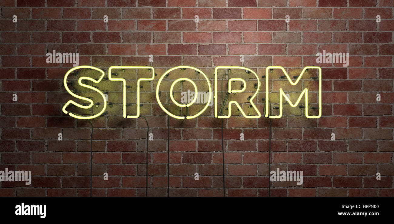 STORM - fluorescent Neon tube Sign on brickwork - Front view - 3D ...