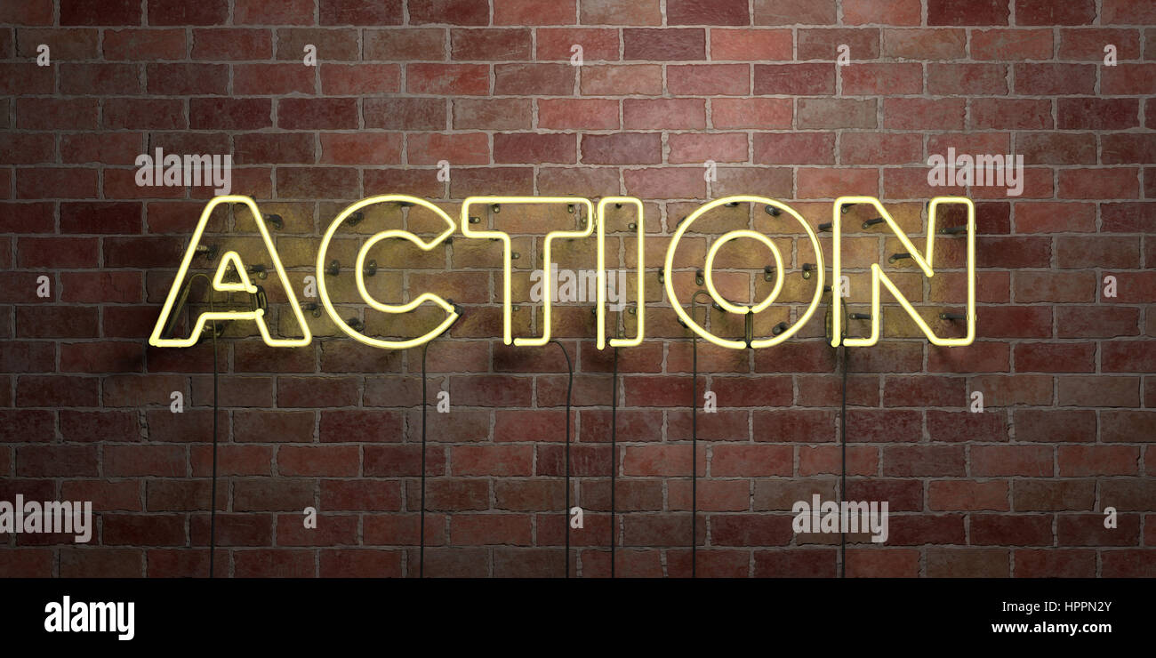 ACTION - fluorescent Neon tube Sign on brickwork - Front view - 3D ...