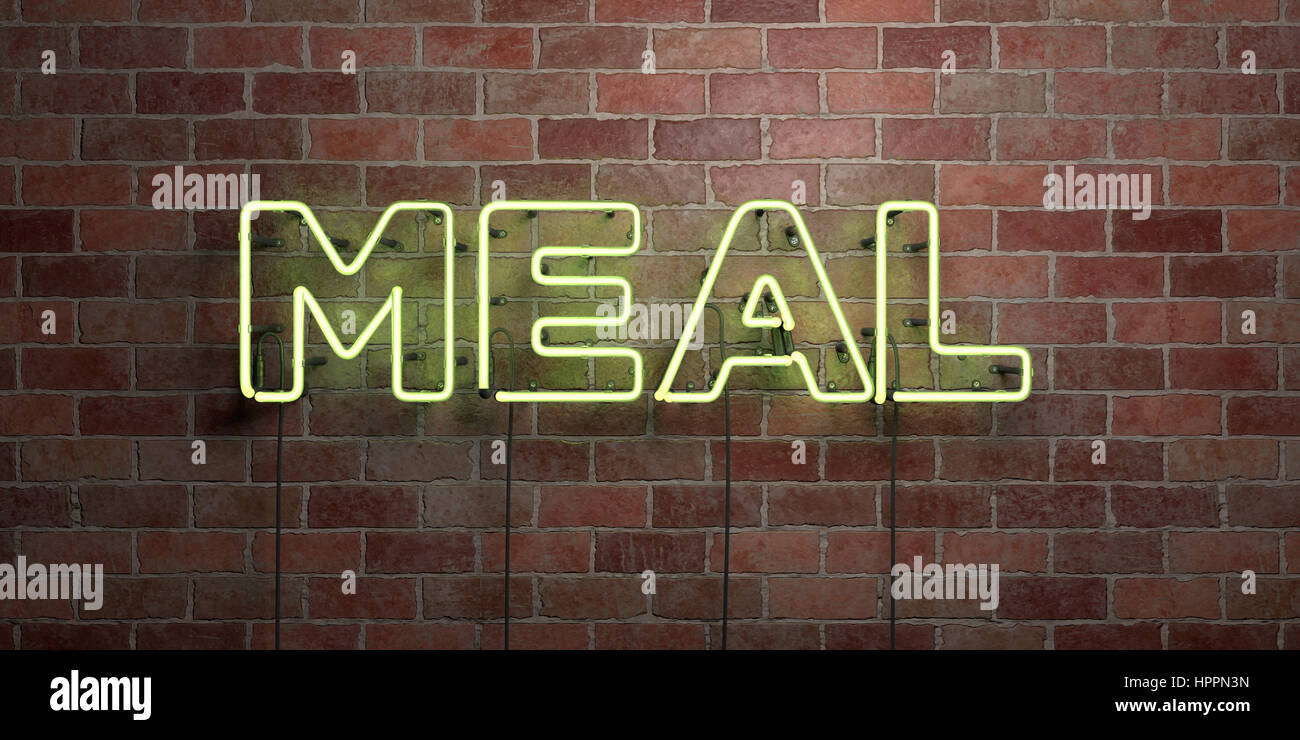 MEAL - fluorescent Neon tube Sign on brickwork - Front view - 3D ...