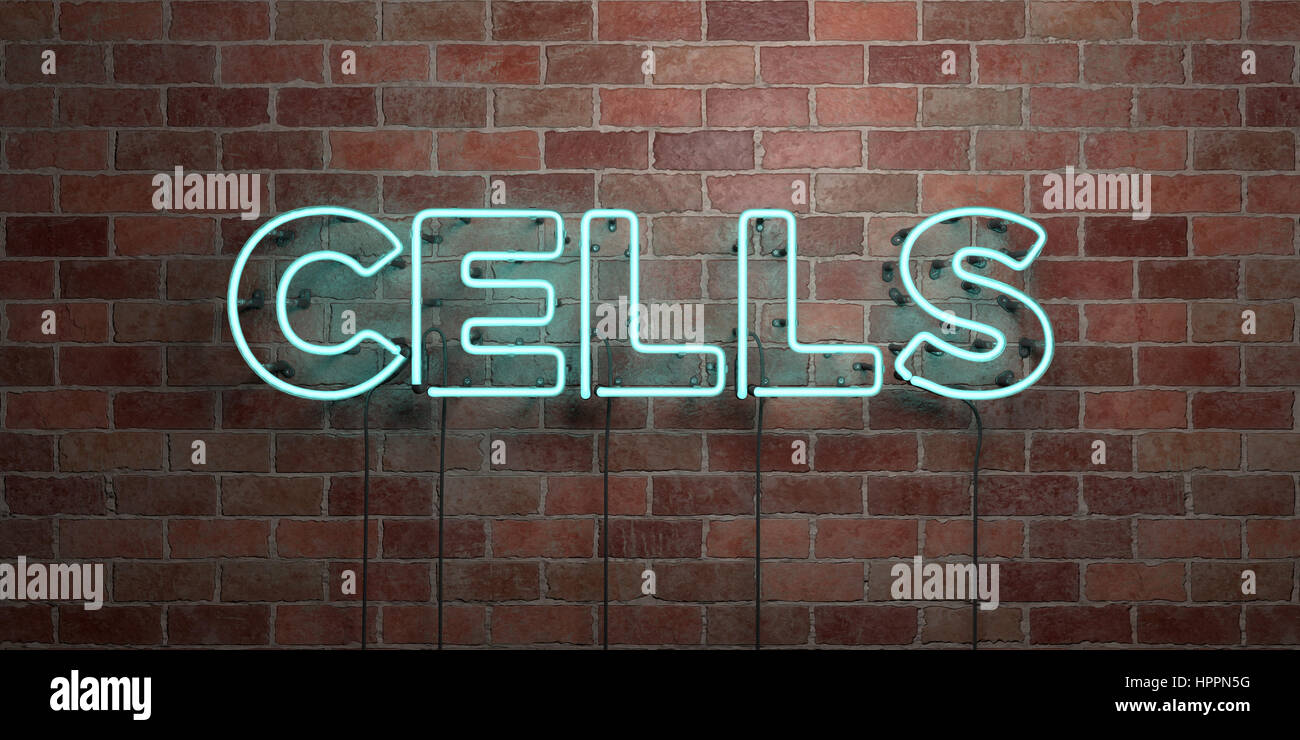 CELLS - fluorescent Neon tube Sign on brickwork - Front view - 3D ...