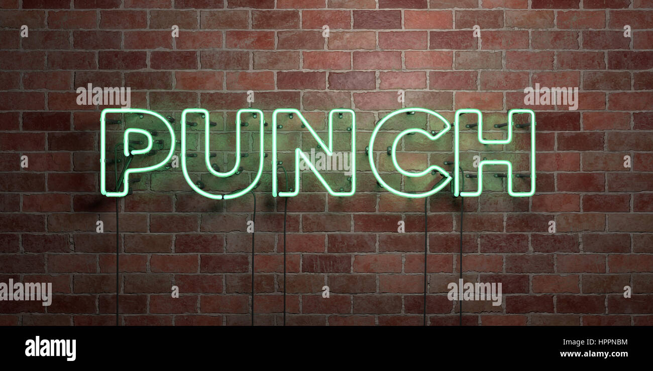 PUNCH - fluorescent Neon tube Sign on brickwork - Front view - 3D ...