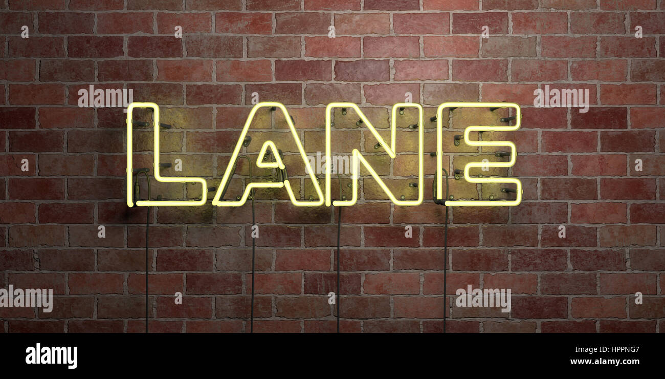 LANE - fluorescent Neon tube Sign on brickwork - Front view - 3D ...