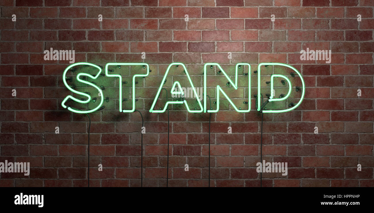 STAND - fluorescent Neon tube Sign on brickwork - Front view - 3D ...