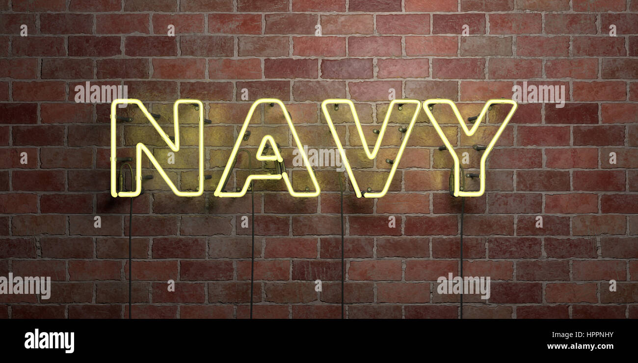 NAVY - fluorescent Neon tube Sign on brickwork - Front view - 3D ...