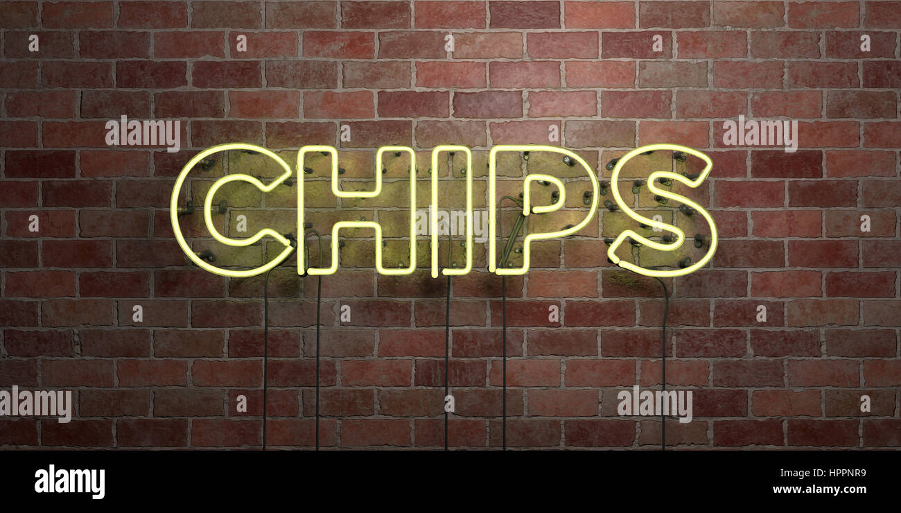 CHIPS - fluorescent Neon tube Sign on brickwork - Front view - 3D ...