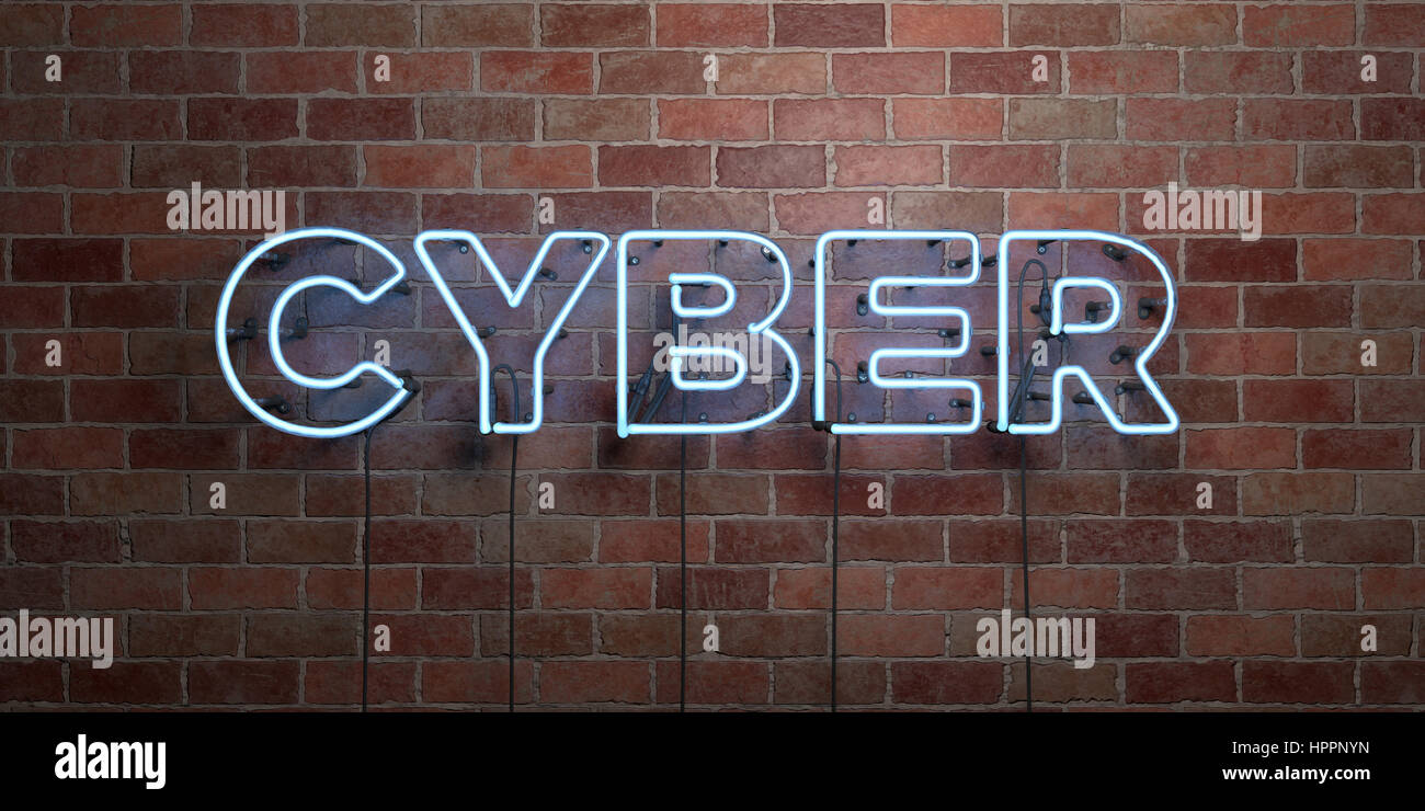 CYBER - fluorescent Neon tube Sign on brickwork - Front view - 3D ...