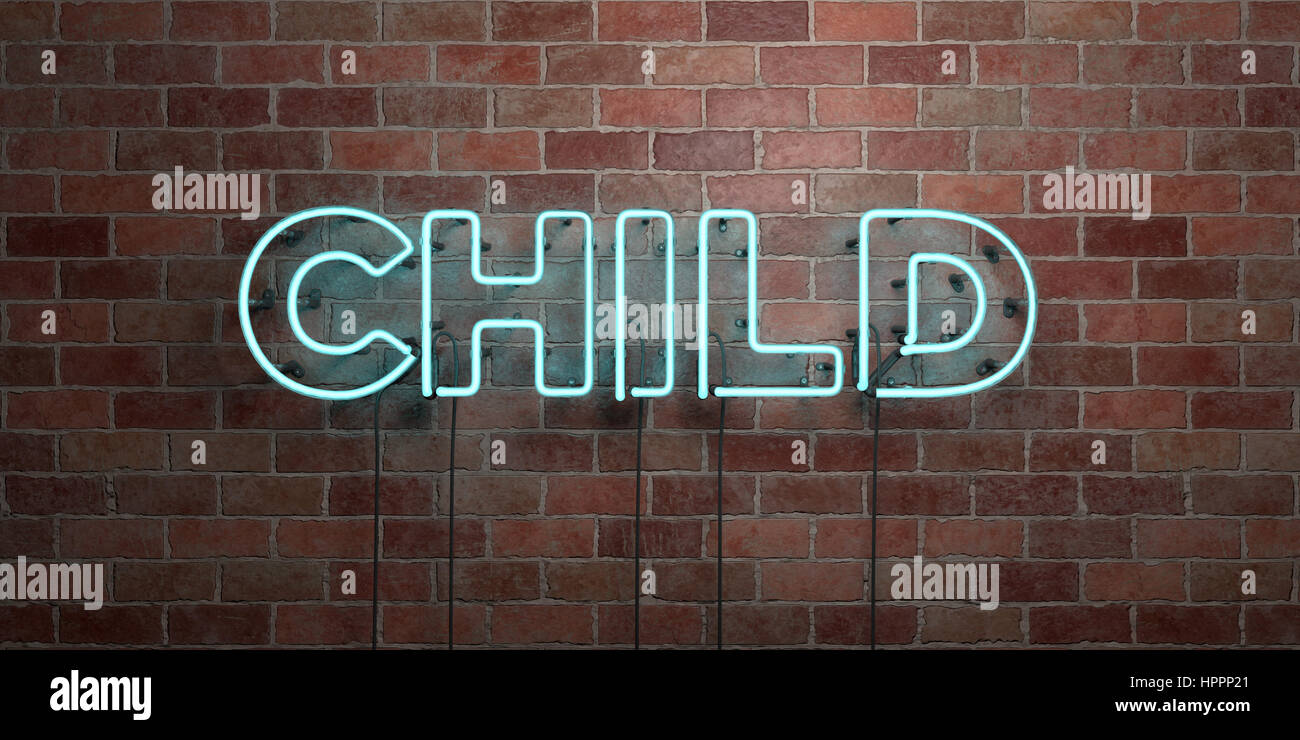 CHILD - fluorescent Neon tube Sign on brickwork - Front view - 3D ...