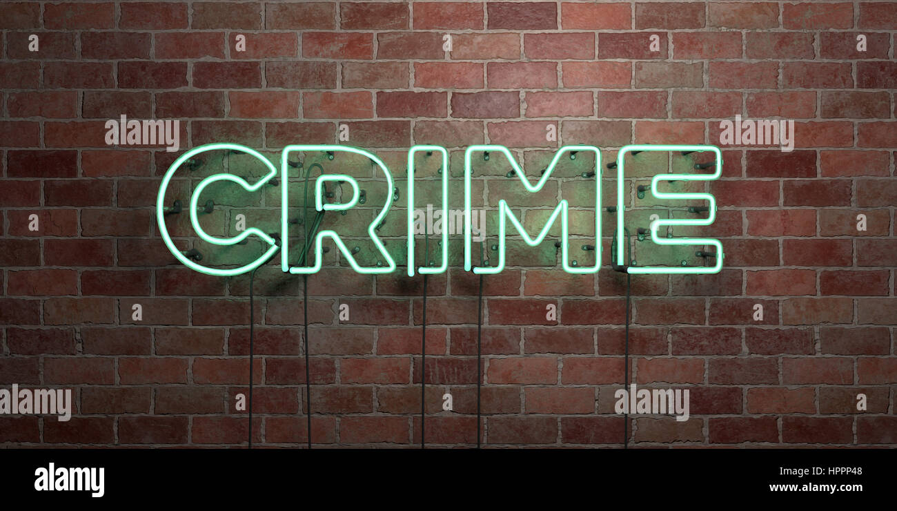 CRIME - fluorescent Neon tube Sign on brickwork - Front view - 3D ...