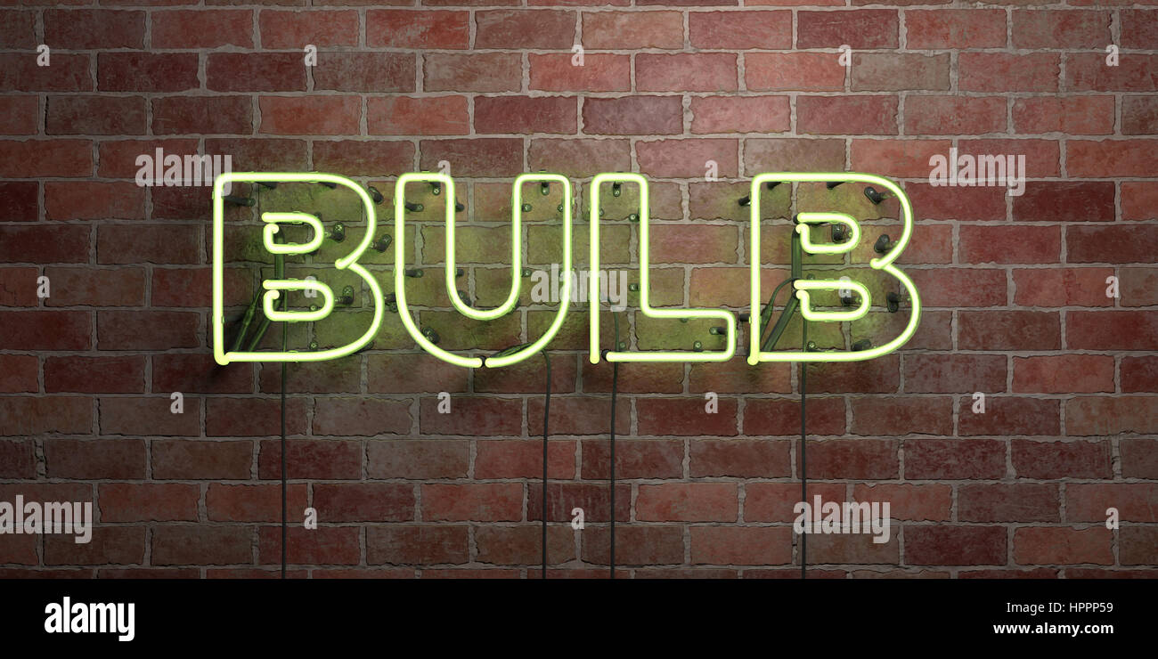 BULB - fluorescent Neon tube Sign on brickwork - Front view - 3D ...