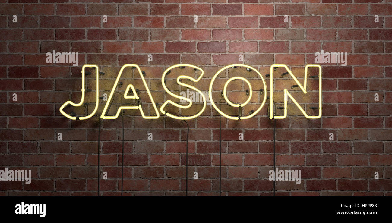 JASON - fluorescent Neon tube Sign on brickwork - Front view - 3D ...