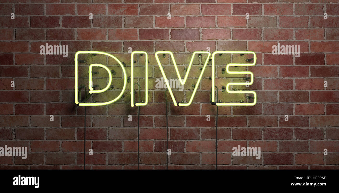 DIVE - fluorescent Neon tube Sign on brickwork - Front view - 3D ...