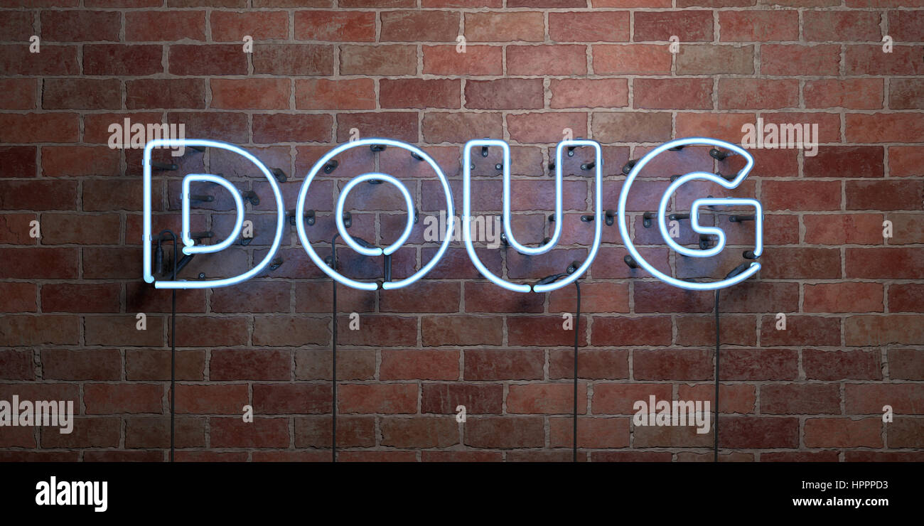 DOUG - fluorescent Neon tube Sign on brickwork - Front view - 3D ...