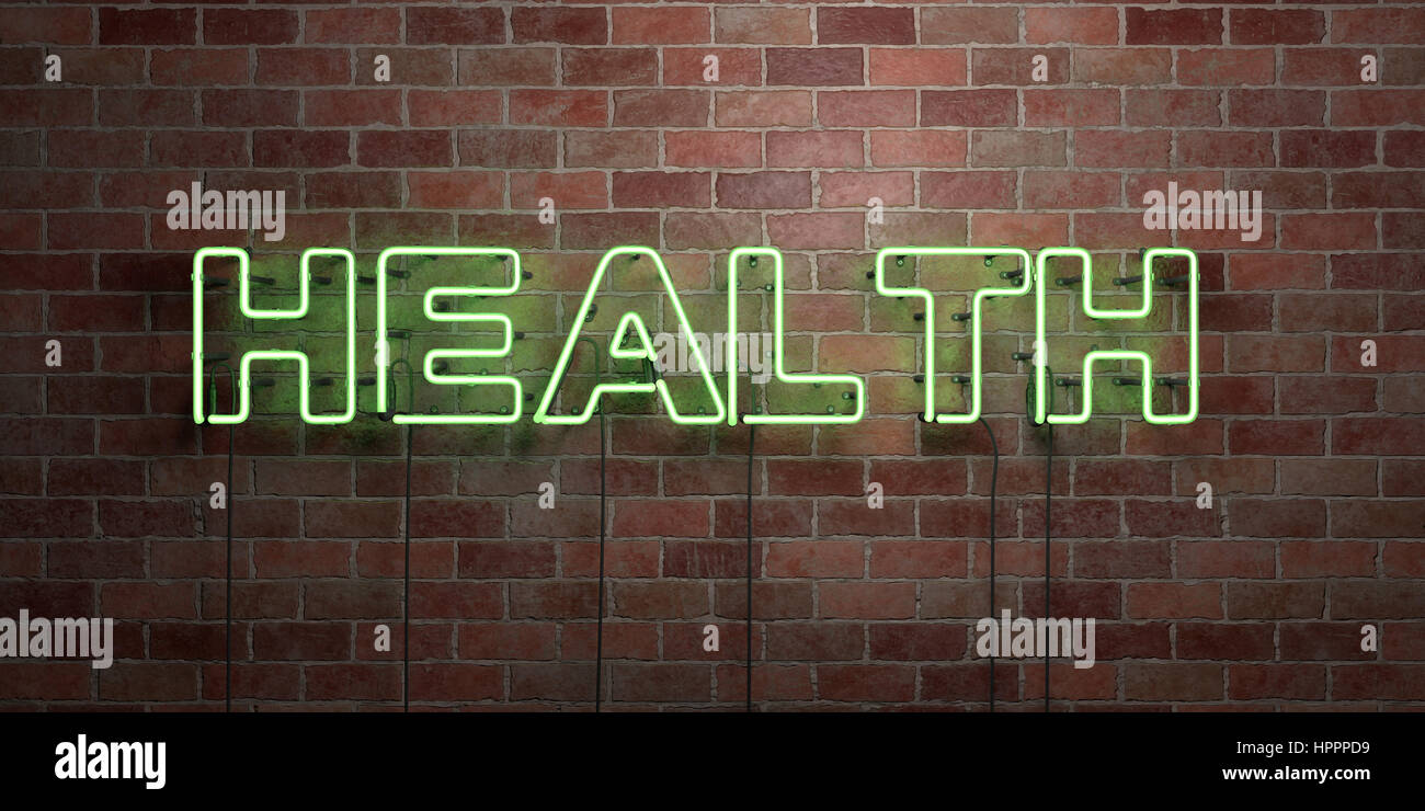HEALTH - fluorescent Neon tube Sign on brickwork - Front view - 3D ...